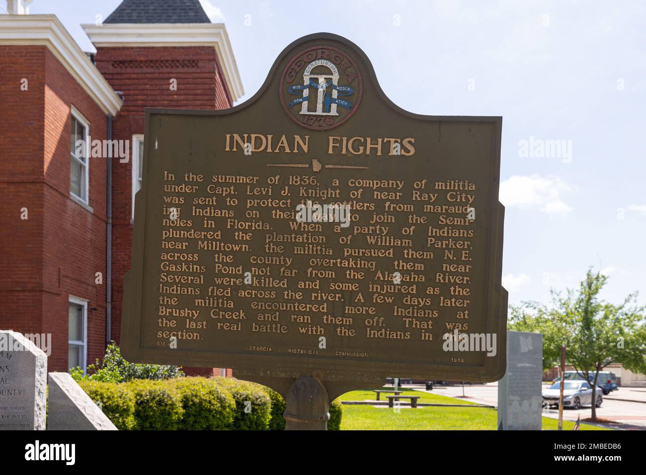 Nashville, Georgia, USA - April 17, 2022: Plaque tells the history of the Indian Fights at the ...