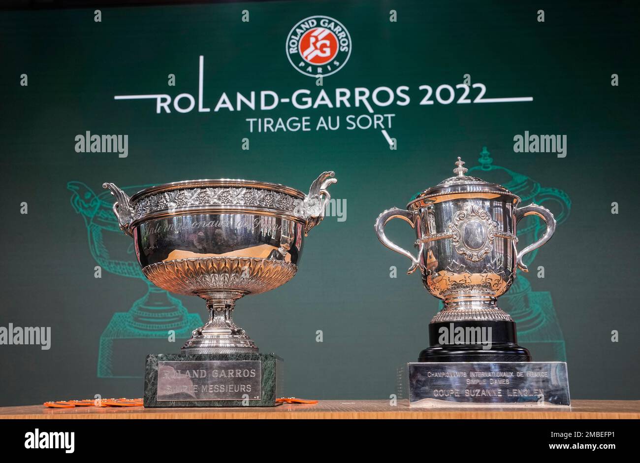 Men's single, left, and women's single cups are displayed during the ...