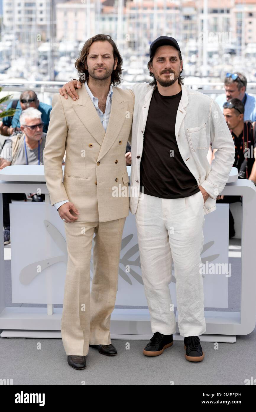 Luca Marinelli, left, and Alessandro Borghi pose for photographers at ...
