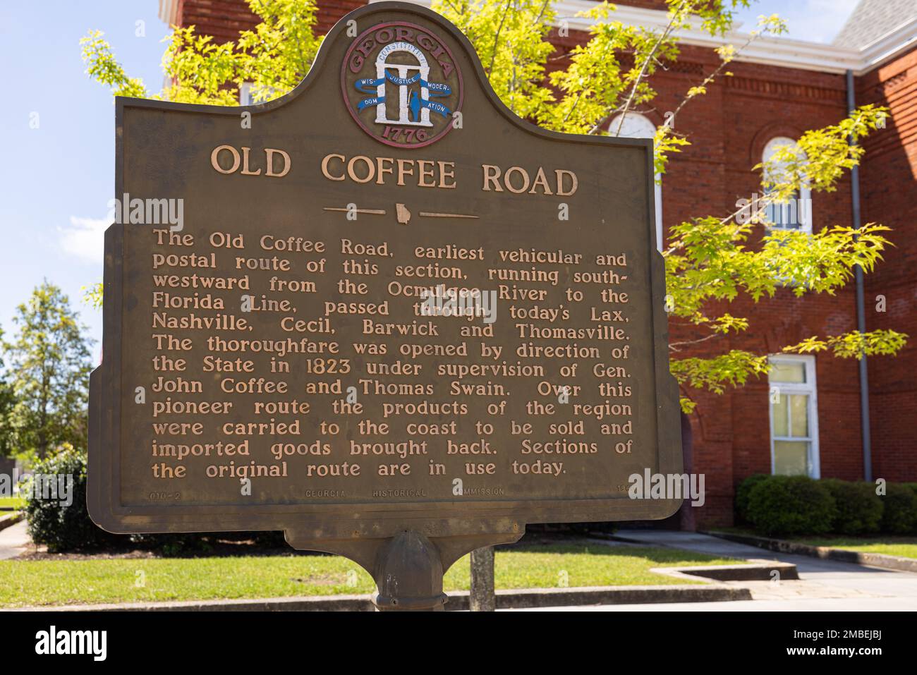 Nashville, Georgia, USA - April 17, 2022: Plaque tells the history of the Old Coffee Road Stock ...