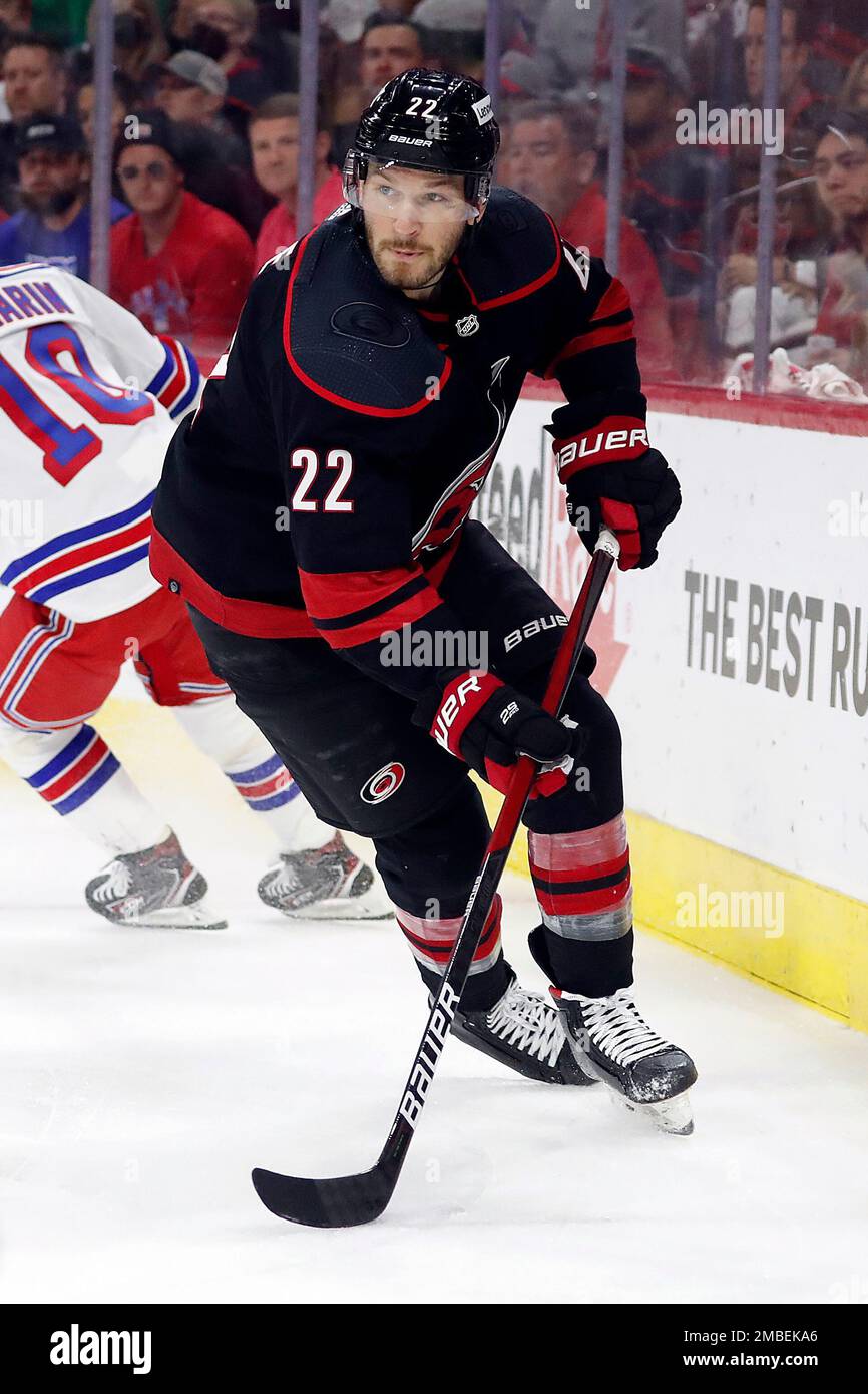 Carolina Hurricanes' Brett Pesce (22) moves the puck against the New ...