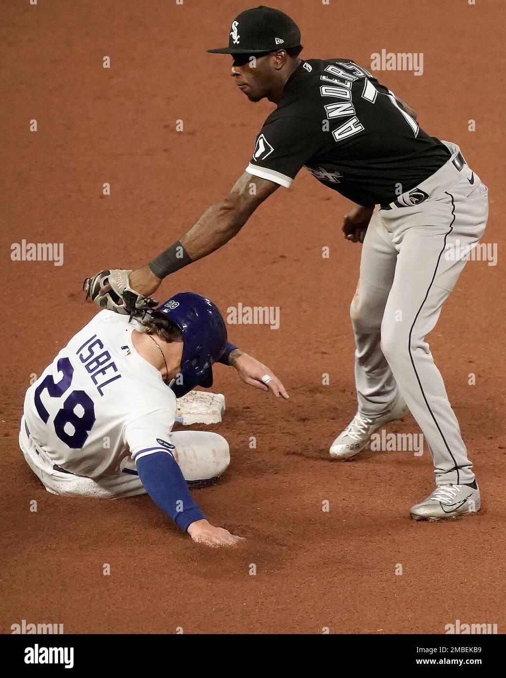 Kansas City Royals' Kyle Isbel (28) is caught stealing second by ...
