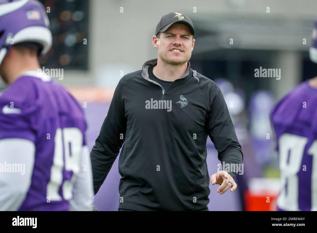 Minnesota Vikings head coach Kevin O'Connell directs his team in drills ...