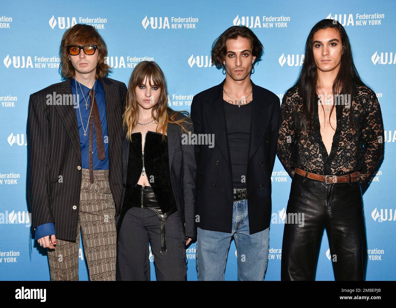 Italian rock band Måneskin, from left, Thomas Raggi, Victoria De Angelis, Damiano David and ...
