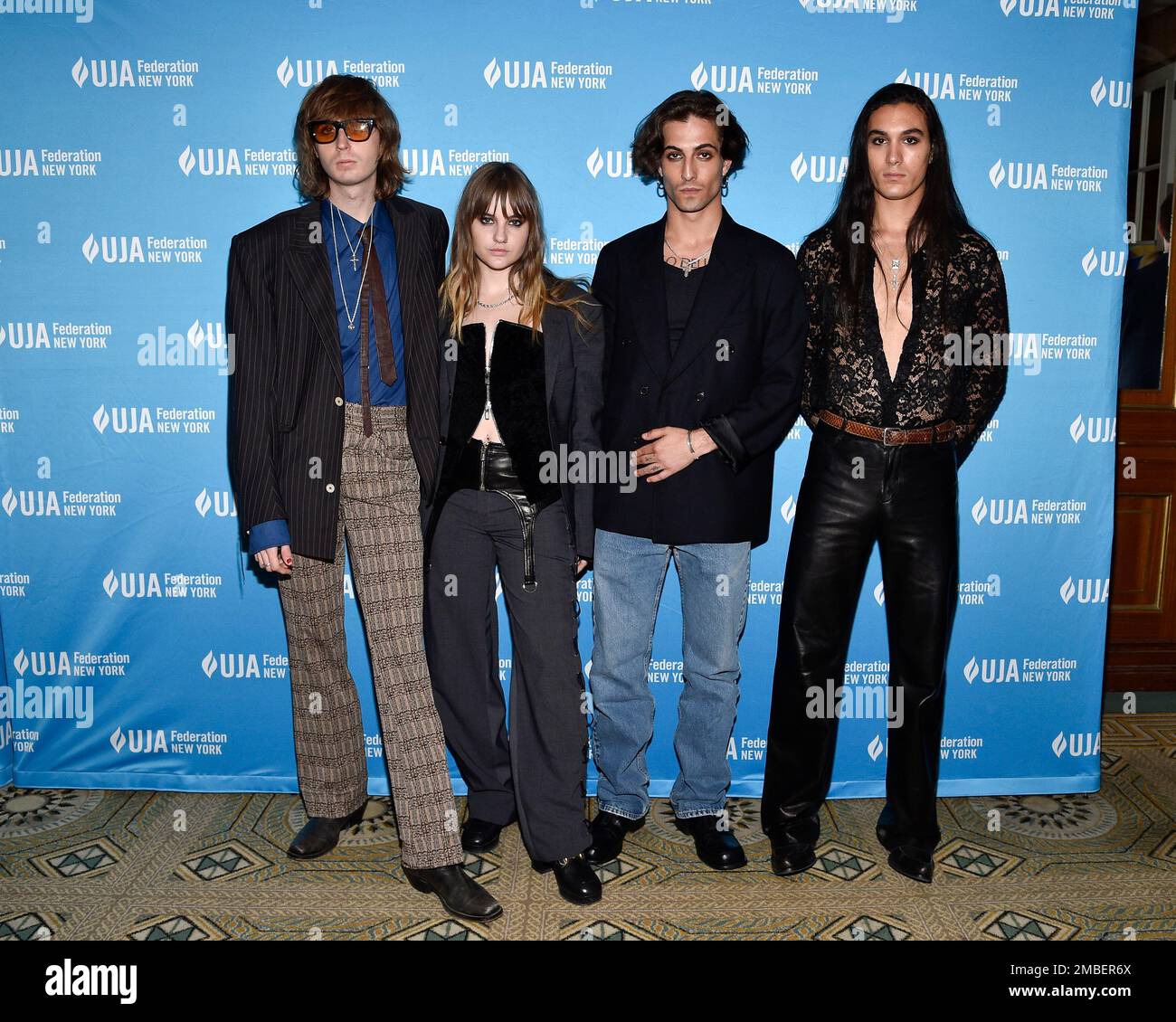 Italian rock band Måneskin, from left, Thomas Raggi, Victoria De Angelis, Damiano David and ...