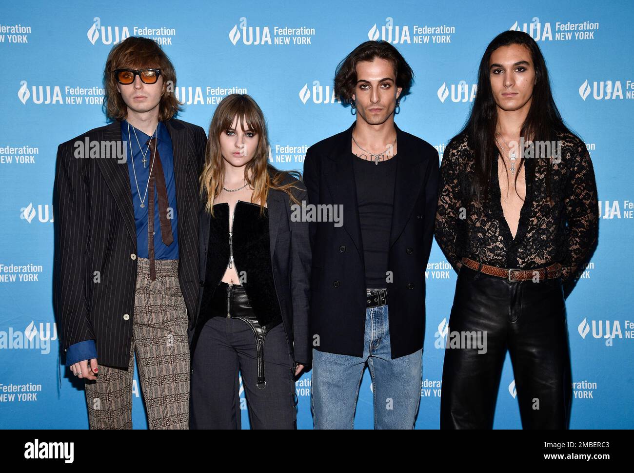Italian rock band Måneskin, from left, Thomas Raggi, Victoria De Angelis, Damiano David and ...