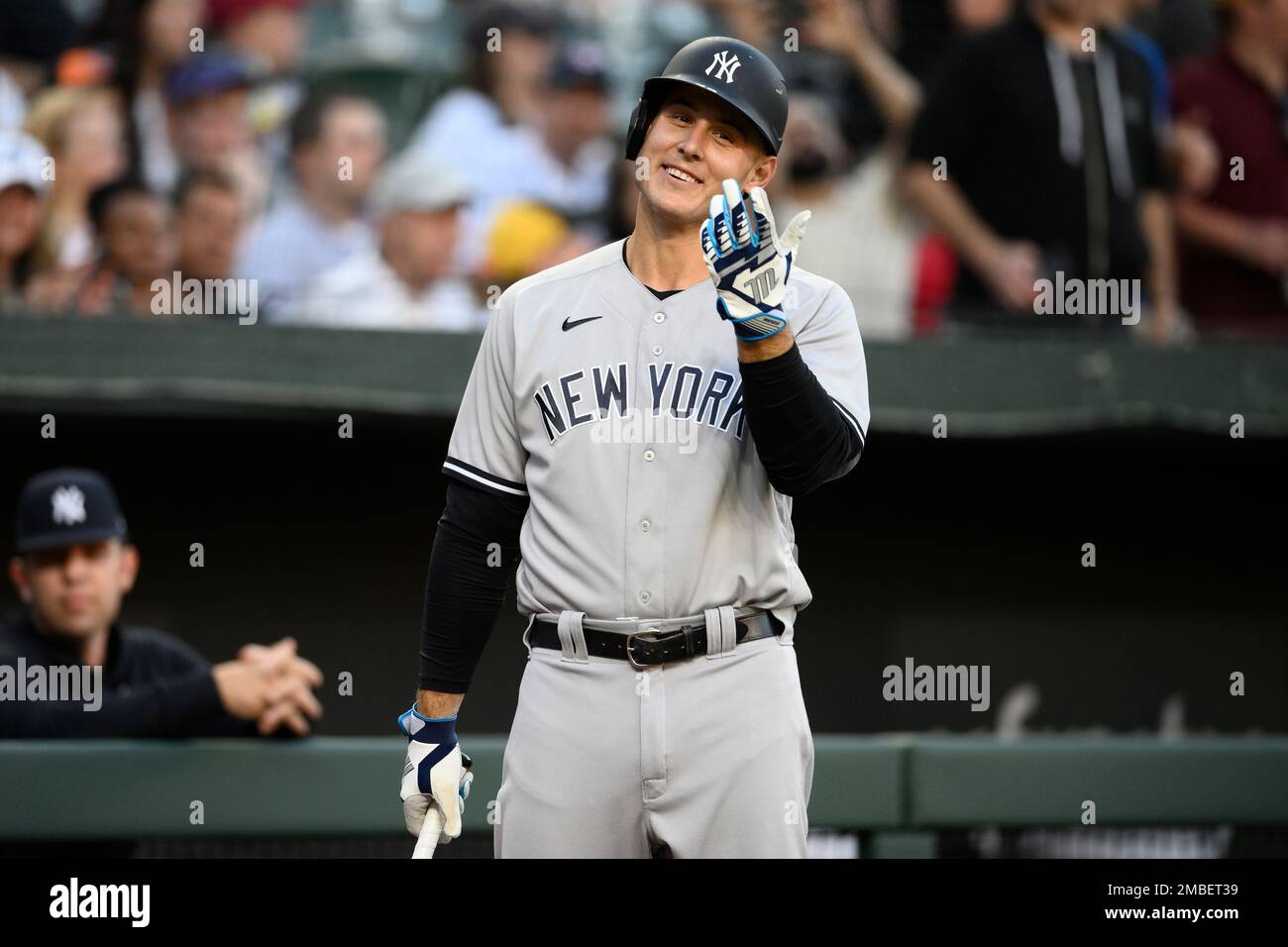 New York Yankees' Anthony Rizzo stands on the field before a baseball ...