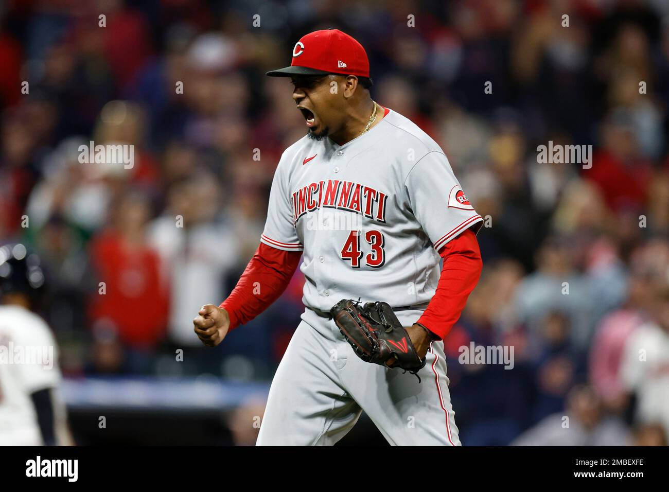 Cincinnati Reds relief pitcher Alexis Díaz celebrates a 5-4 win against ...