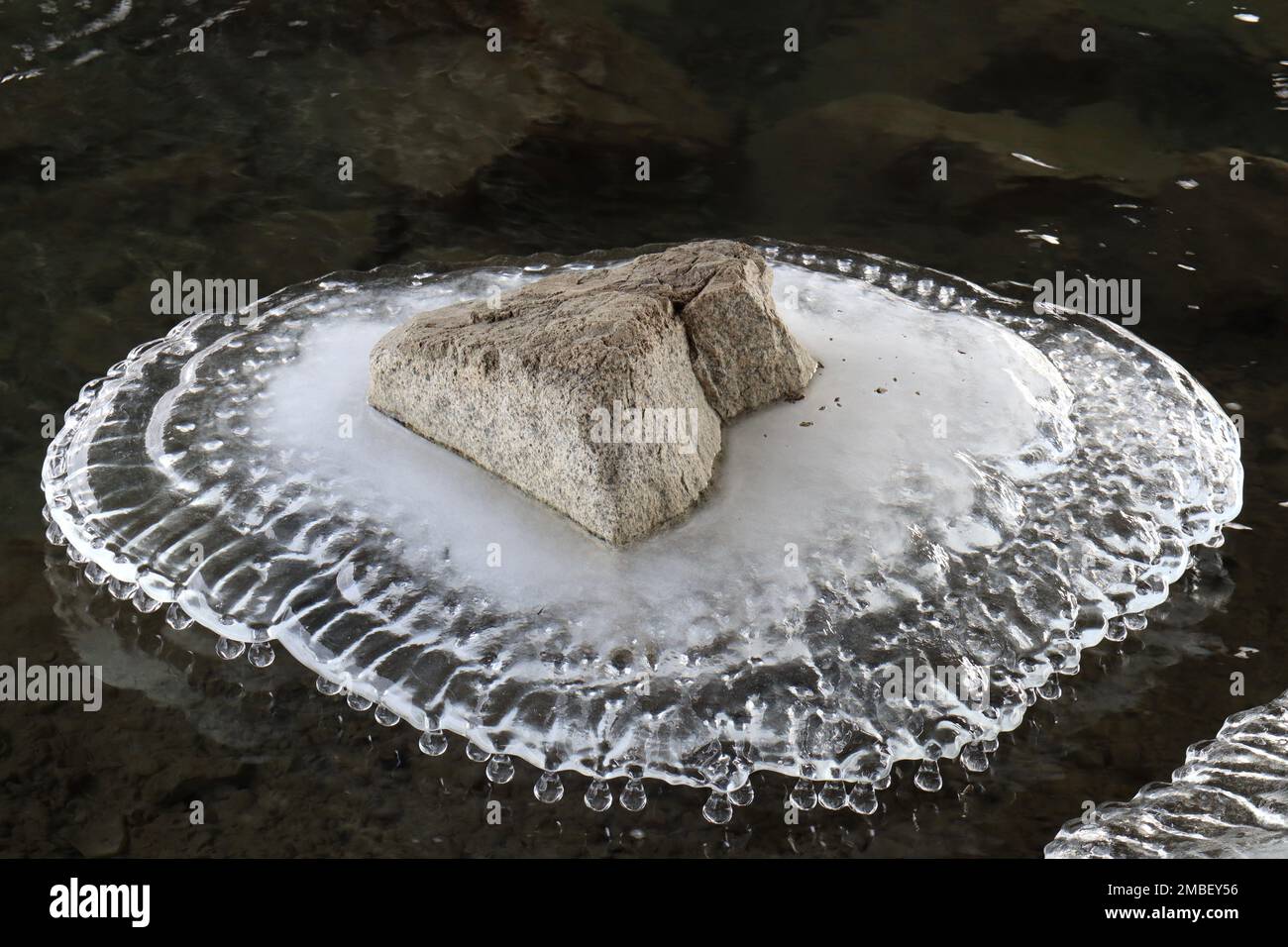 River rock surrounded by semi-transparent ice-collar with beautiful ...