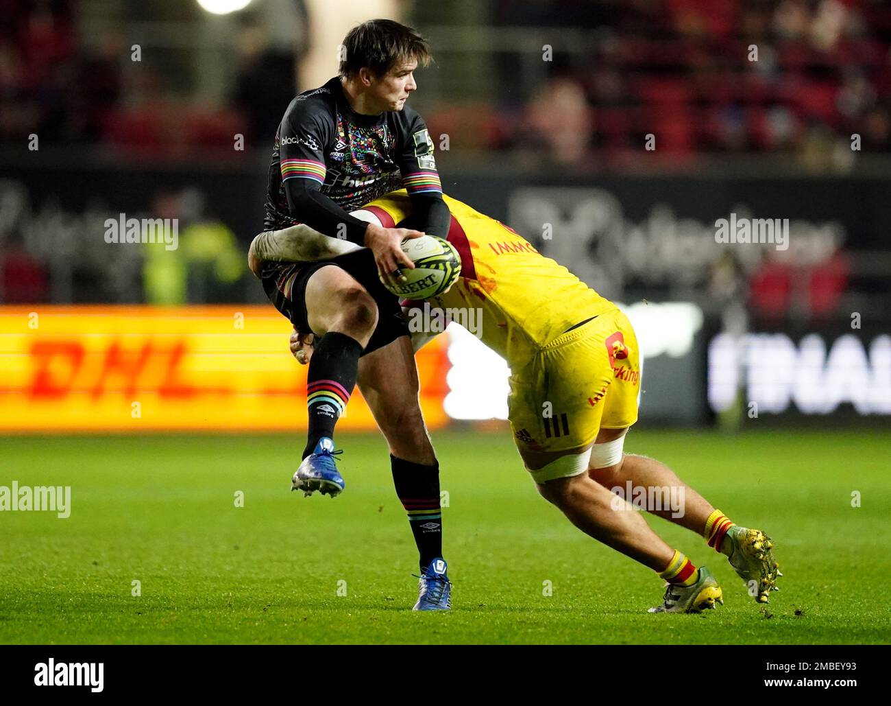 Bristol Bears’ Alan MacGinty is tackled by USA Perpignan’s Victor Moro ...