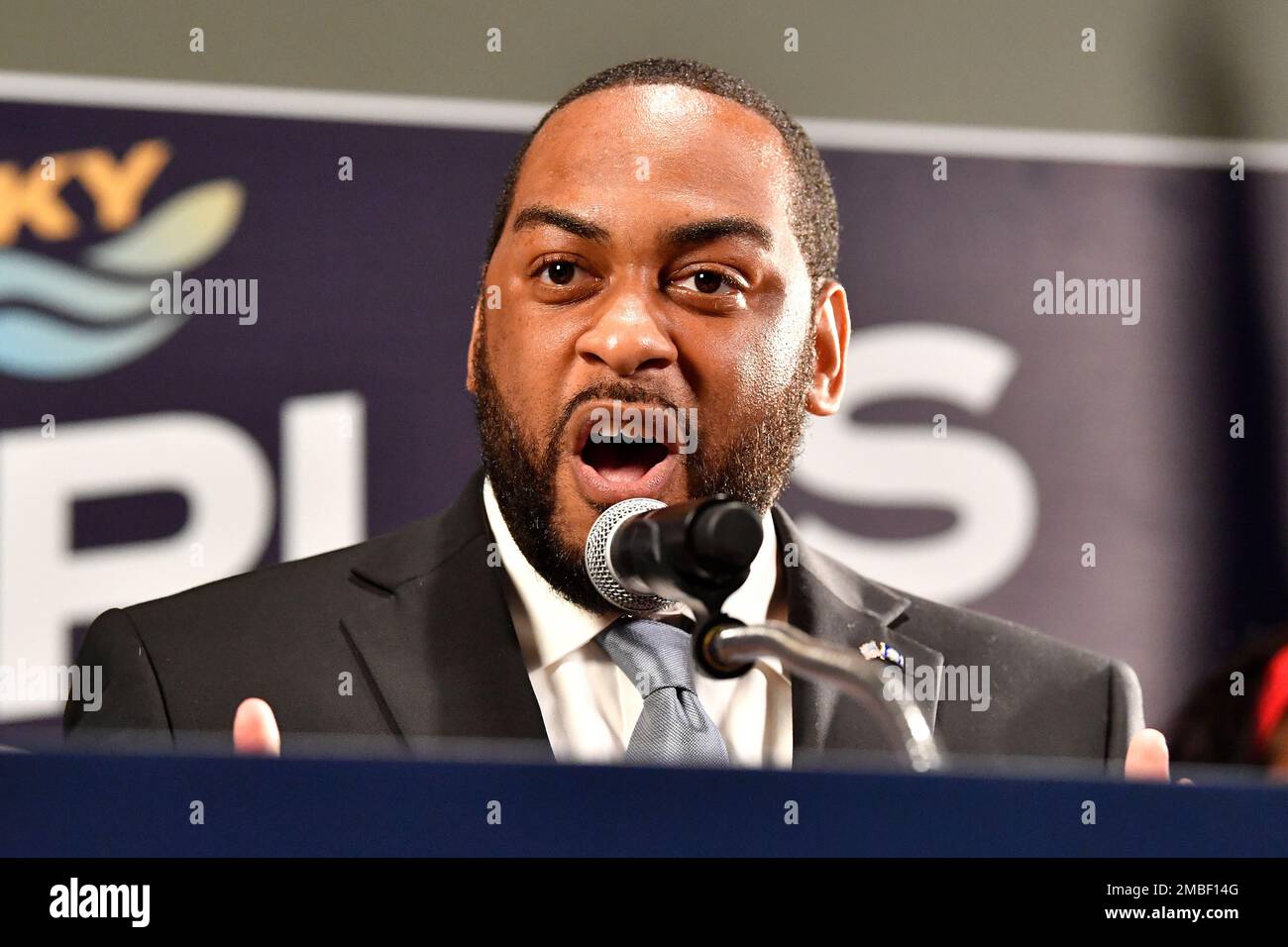 Democrat Charles Booker speaks to a group of supporters following his ...