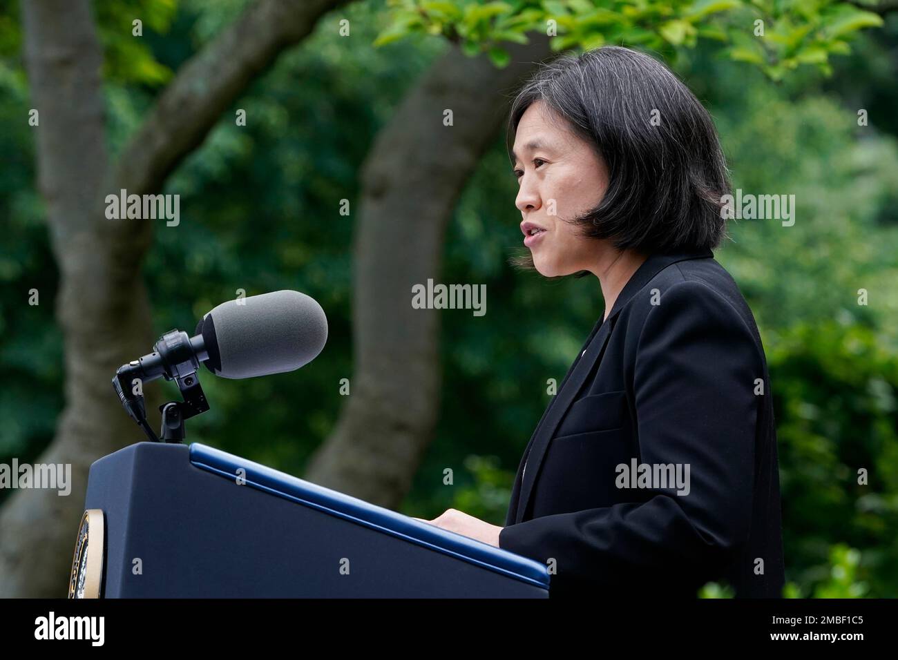 U.S. Trade Representative Katherine Tai speaks in the Rose Garden of ...