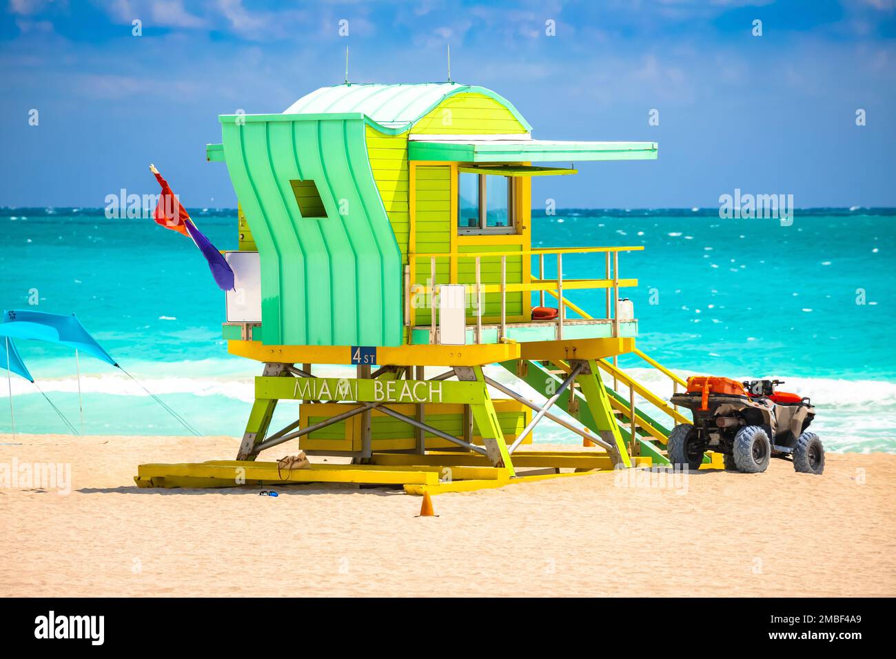 Miami Beach colorful sand beach and lifeguard post view, Florida state ...