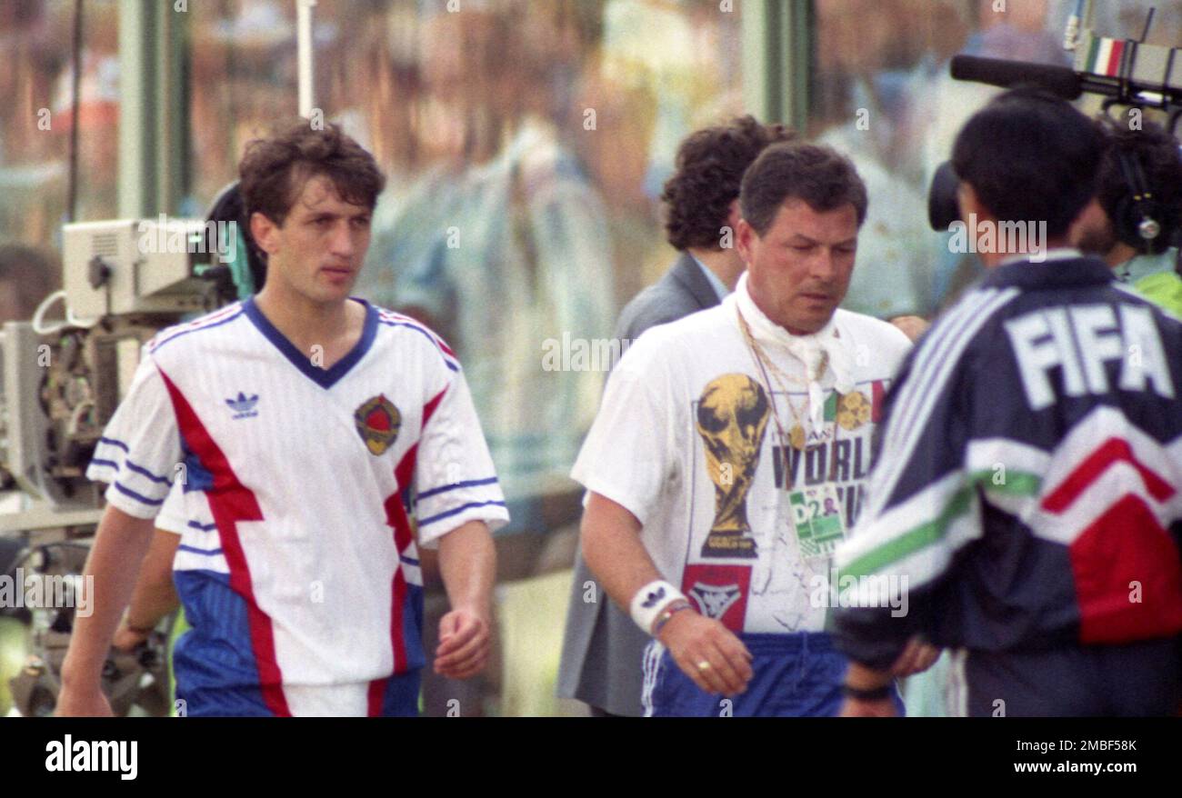 Yugoslavia's Refik Sabanadzovic leaves the pitch after receiving a red ...