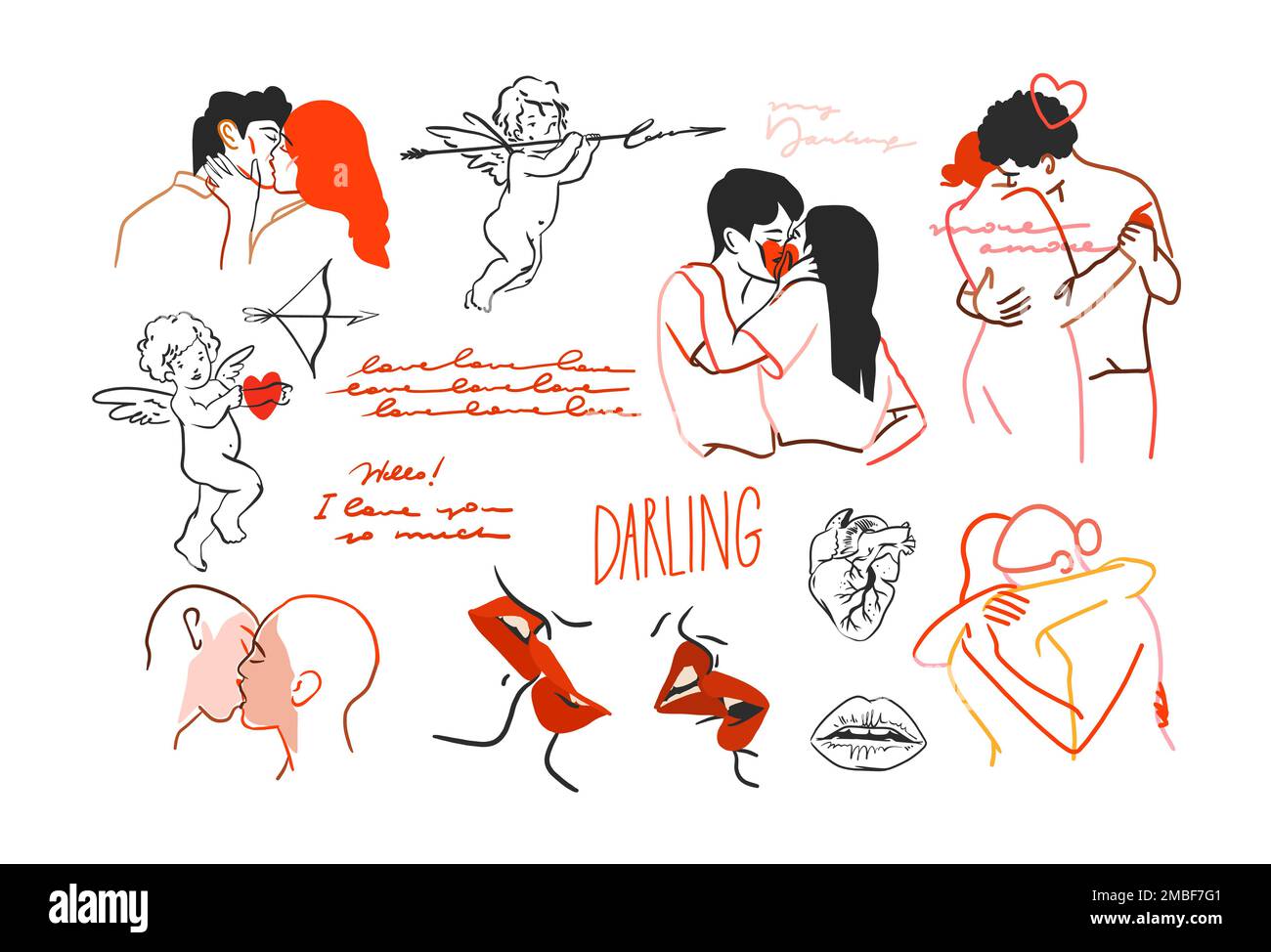 Hand Drawn Vector Abstract Graphic Illustration Valentines Day Design Element Setlove Lettering 
