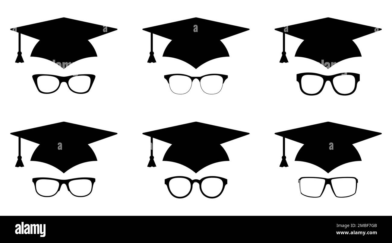 Graduation cap icons set. Black icon of student cap and glasses ...