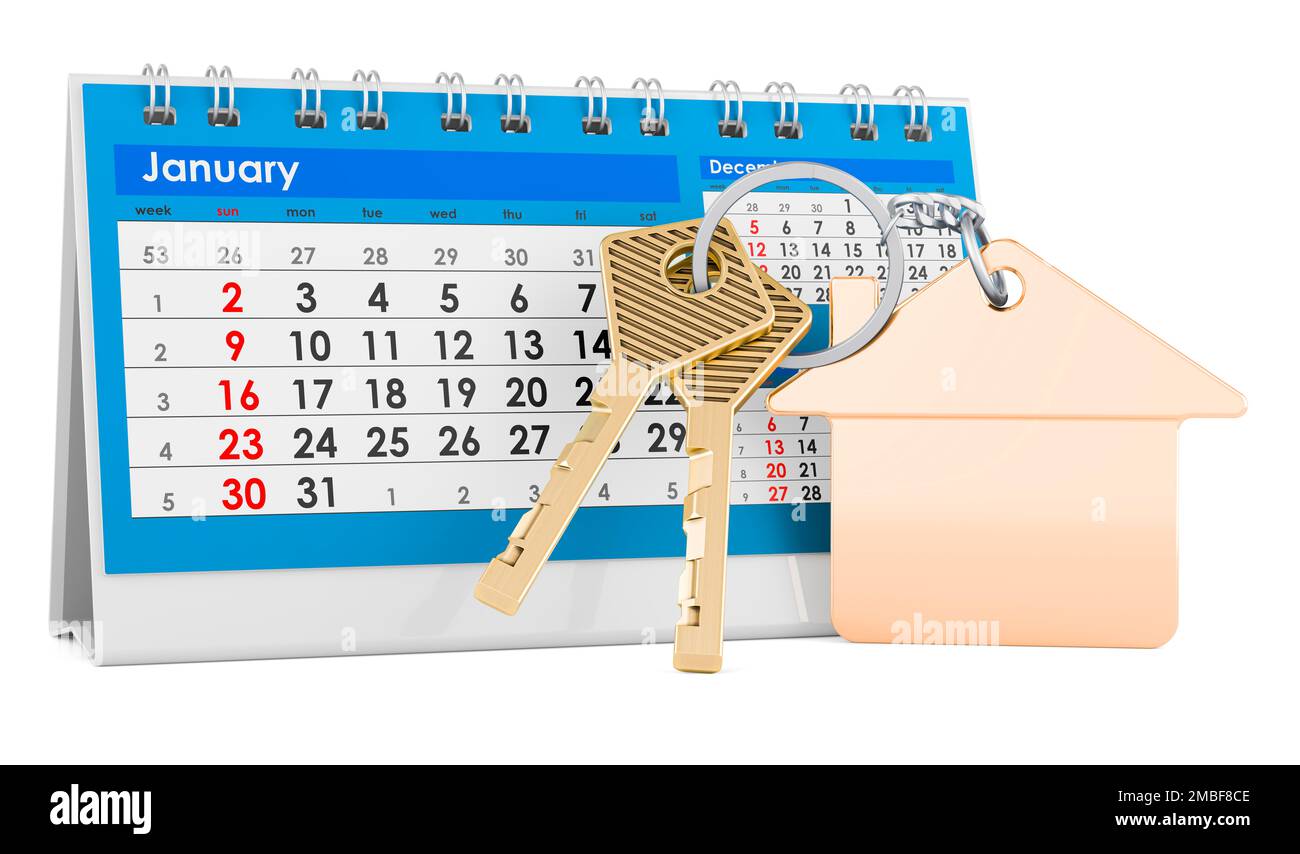 Home key with keychain with desk calendar, 3D rendering isolated on ...