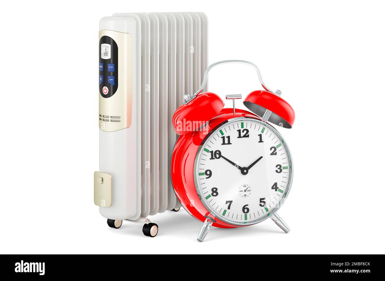 Electric oil heater with alarm clock. 3D rendering isolated on white ...