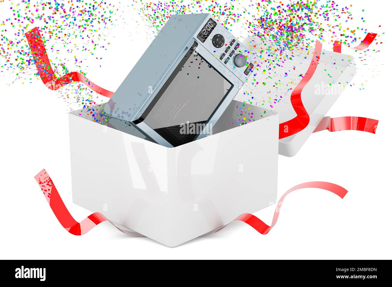 Microwave oven inside gift box, gift concept. 3D rendering isolated on ...