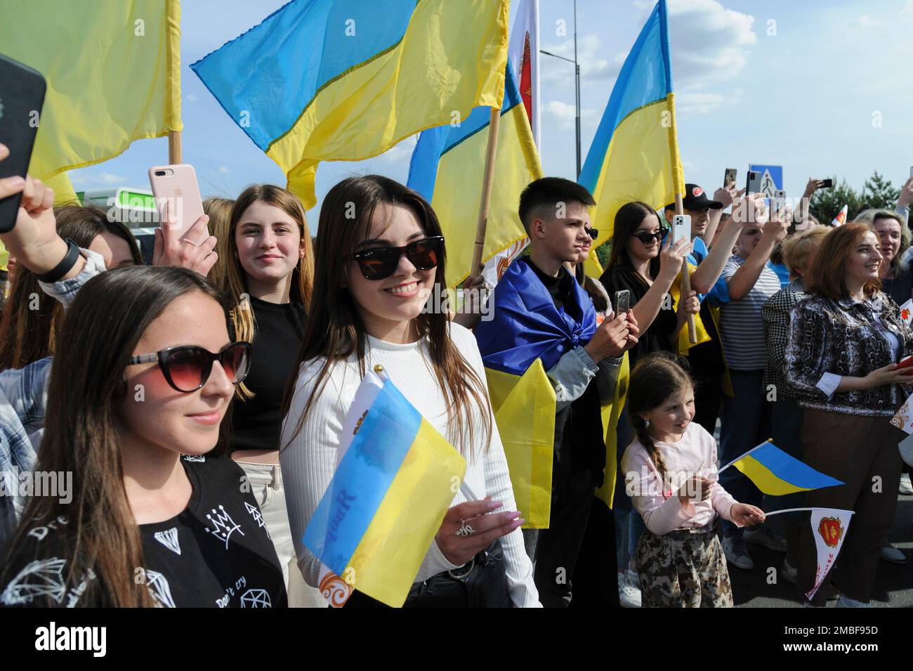 Fans wave Ukrainian flags as Ukraine's Kalush Orchestra, winners of the ...