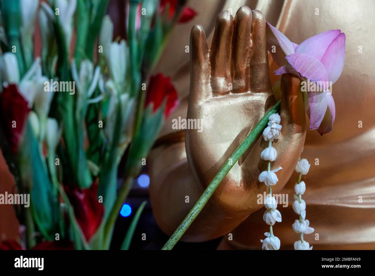Flowers are placed in the hand of a statue of Lord Buddha during Buddha ...