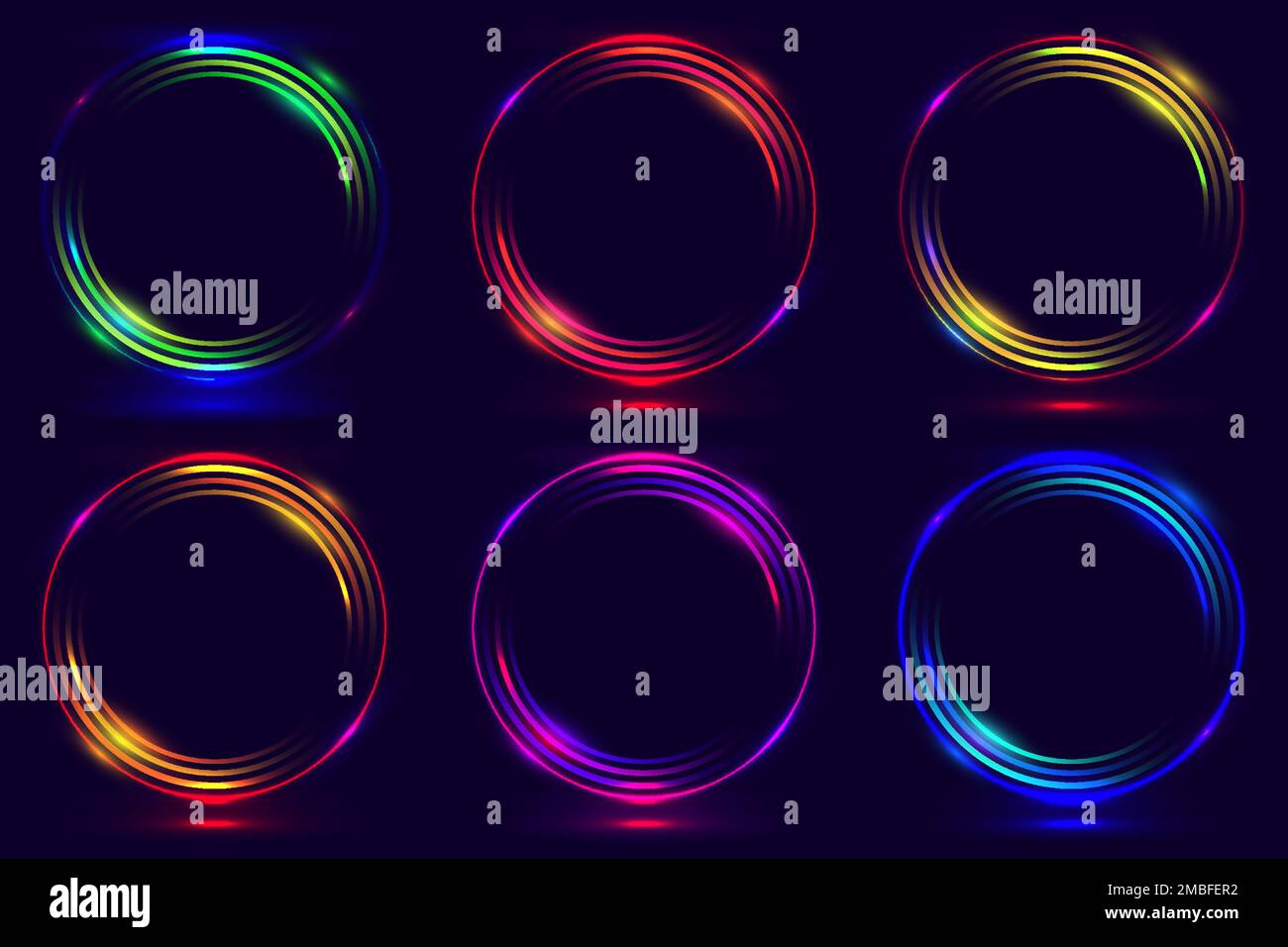 Set of glowing neon color circles round curve shapes isolated on black ...