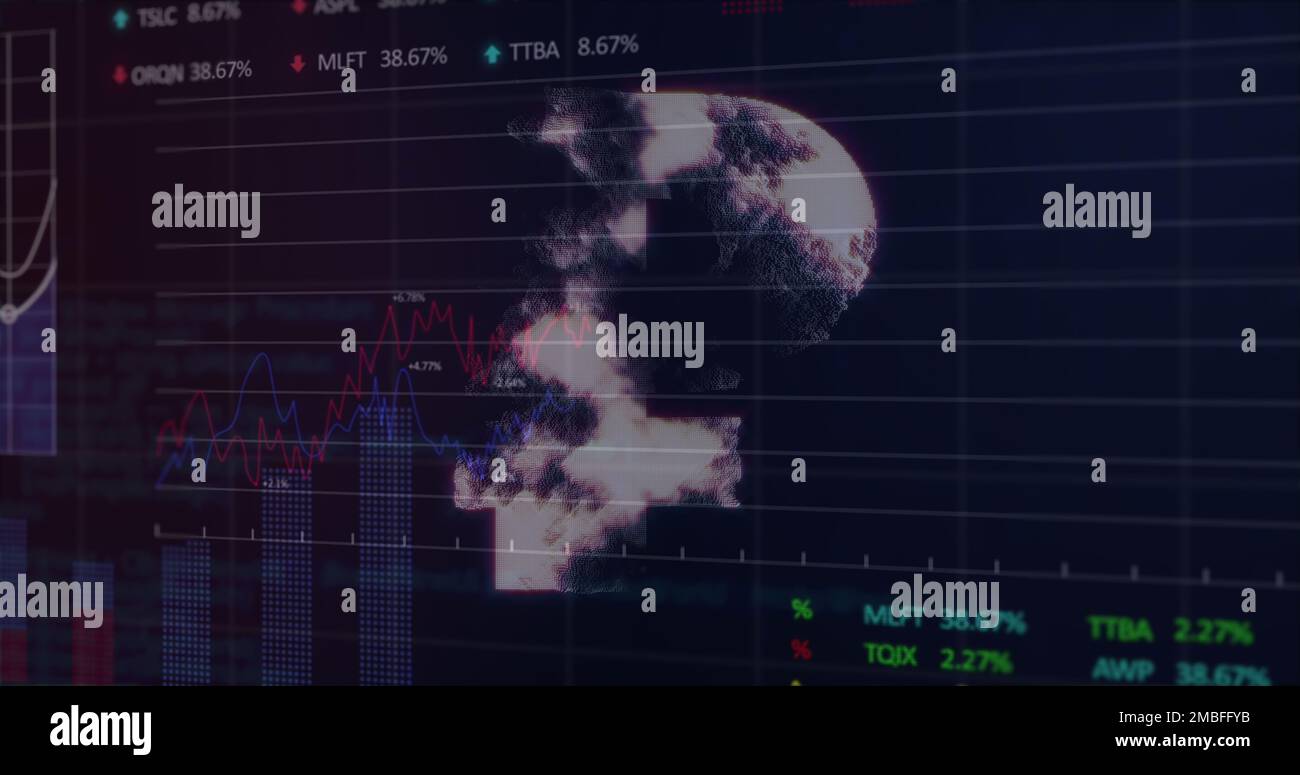 Composition of rouble symbol and data processing on black background ...