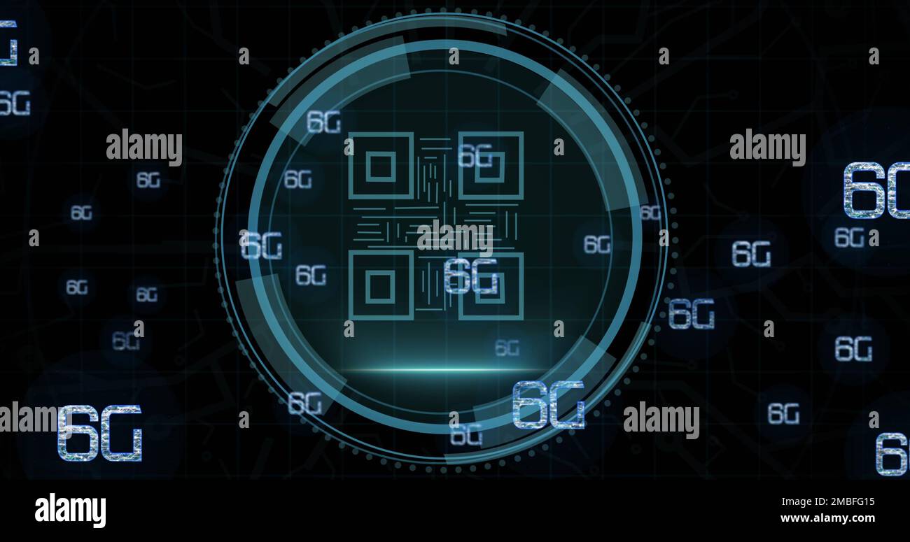 Composition of qr code and scope scanning with 6g texts on black background Stock Photo - Alamy