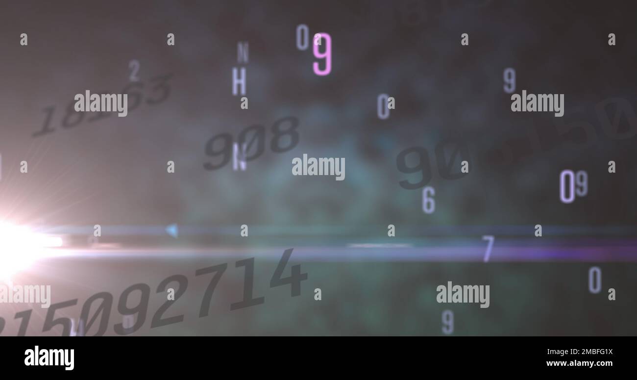 Composition of light spots with numbers and letters on blurred dark ...