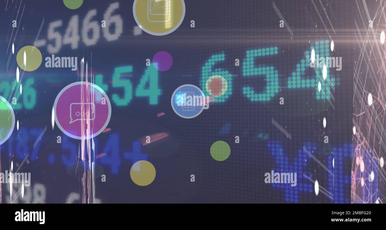 Composition of media icons and stock market on black background Stock ...