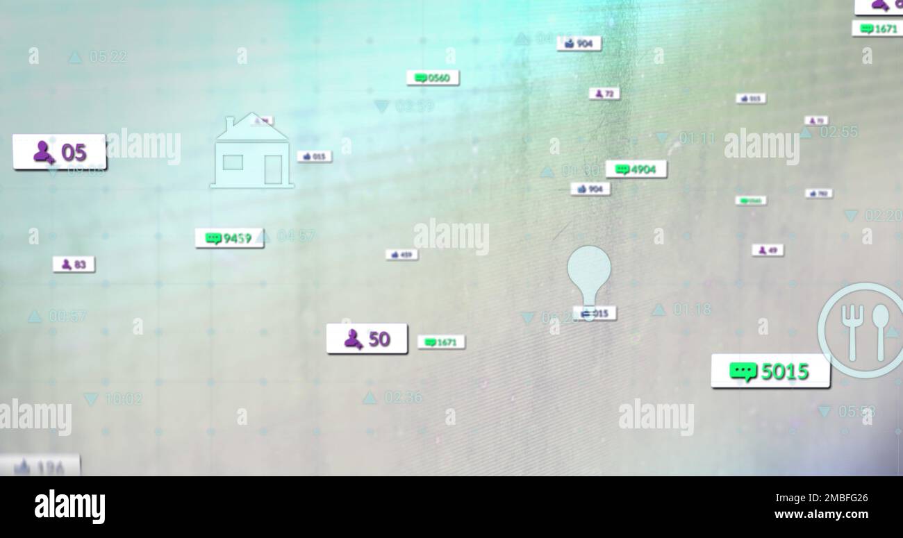 Composition of shapes over data processing and media icons on white ...