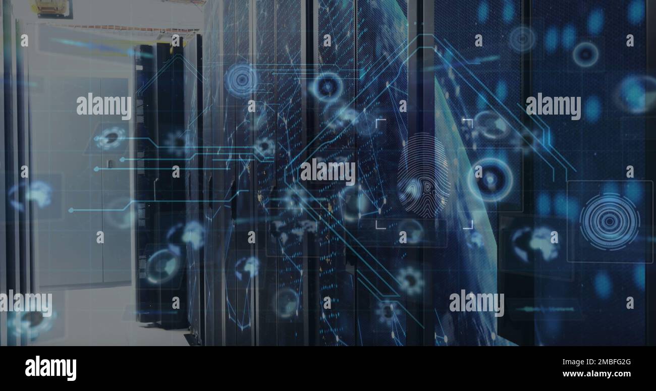 Composition of network of connections with digital screens and globe ...