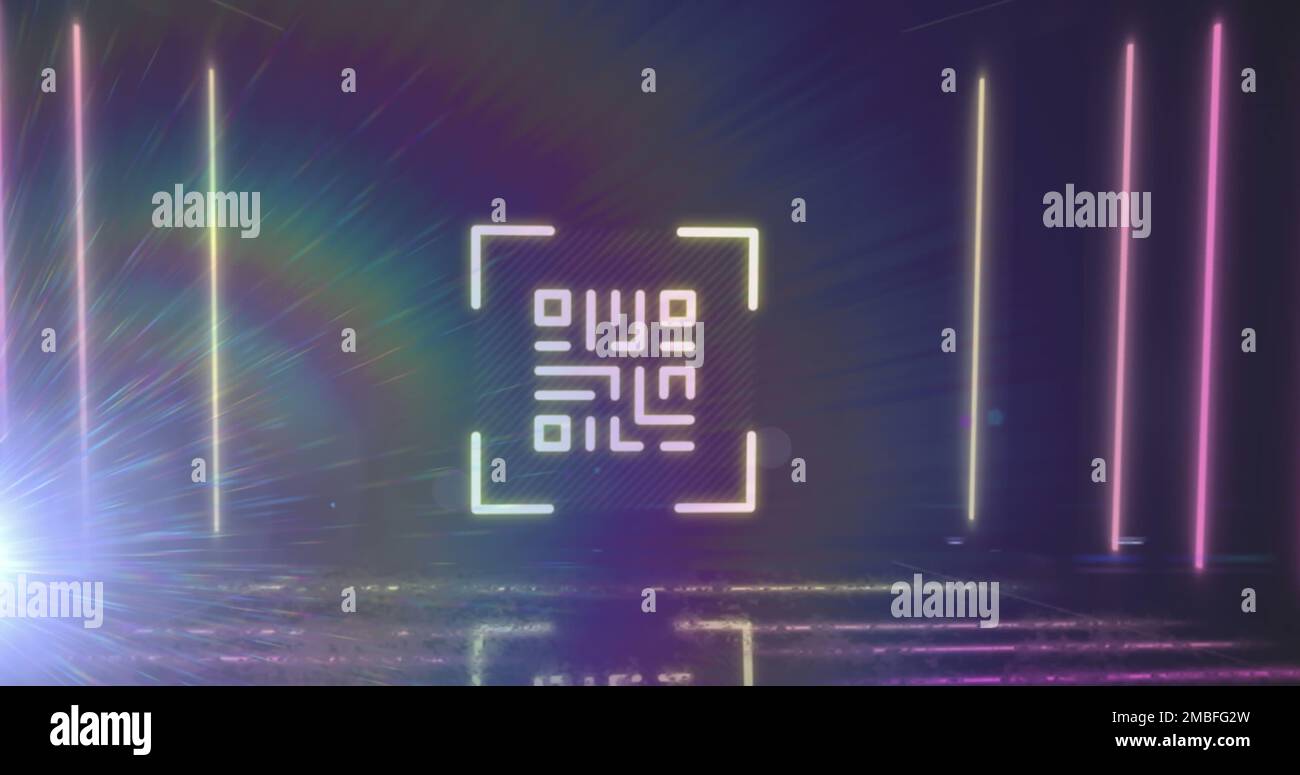 Composition of qr code with light trails and spots on black background ...