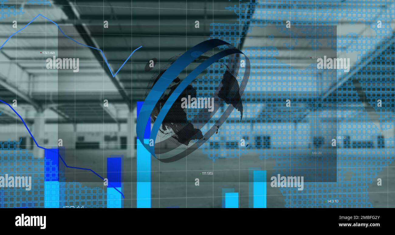Composition of shapes with globe and data processing over world map and ...