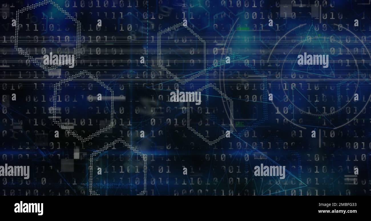 Composition of interference over binary coding and shapes on black background Stock Photo - Alamy