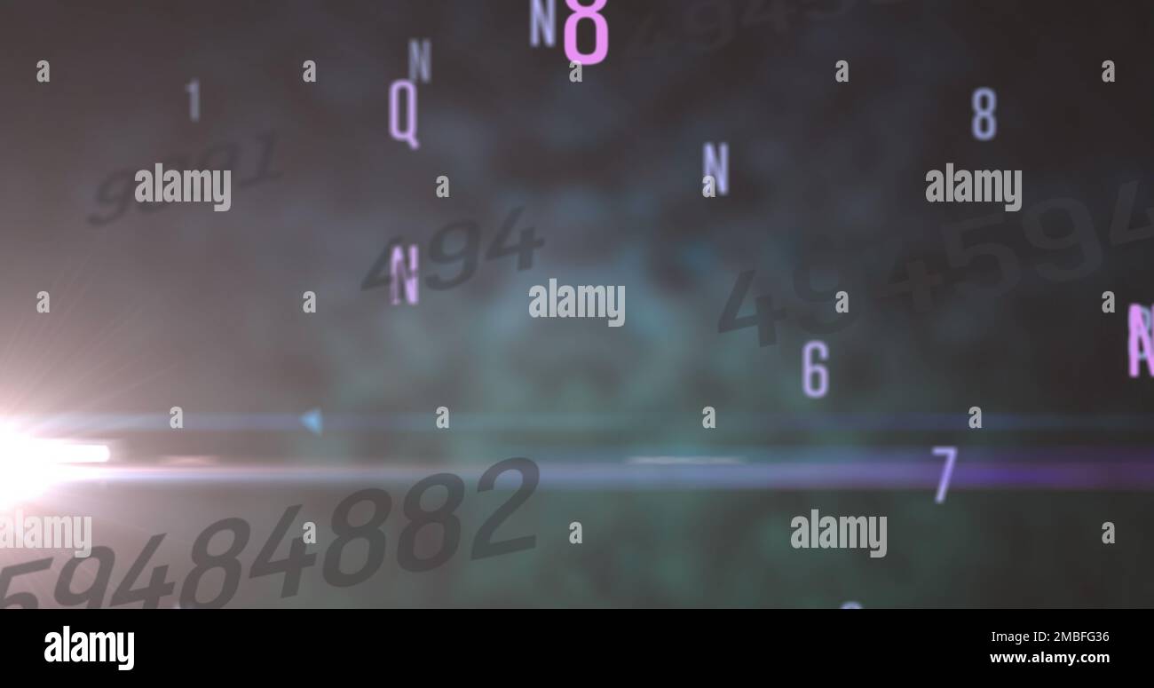 Composition of light spots with numbers and letters on blurred dark ...