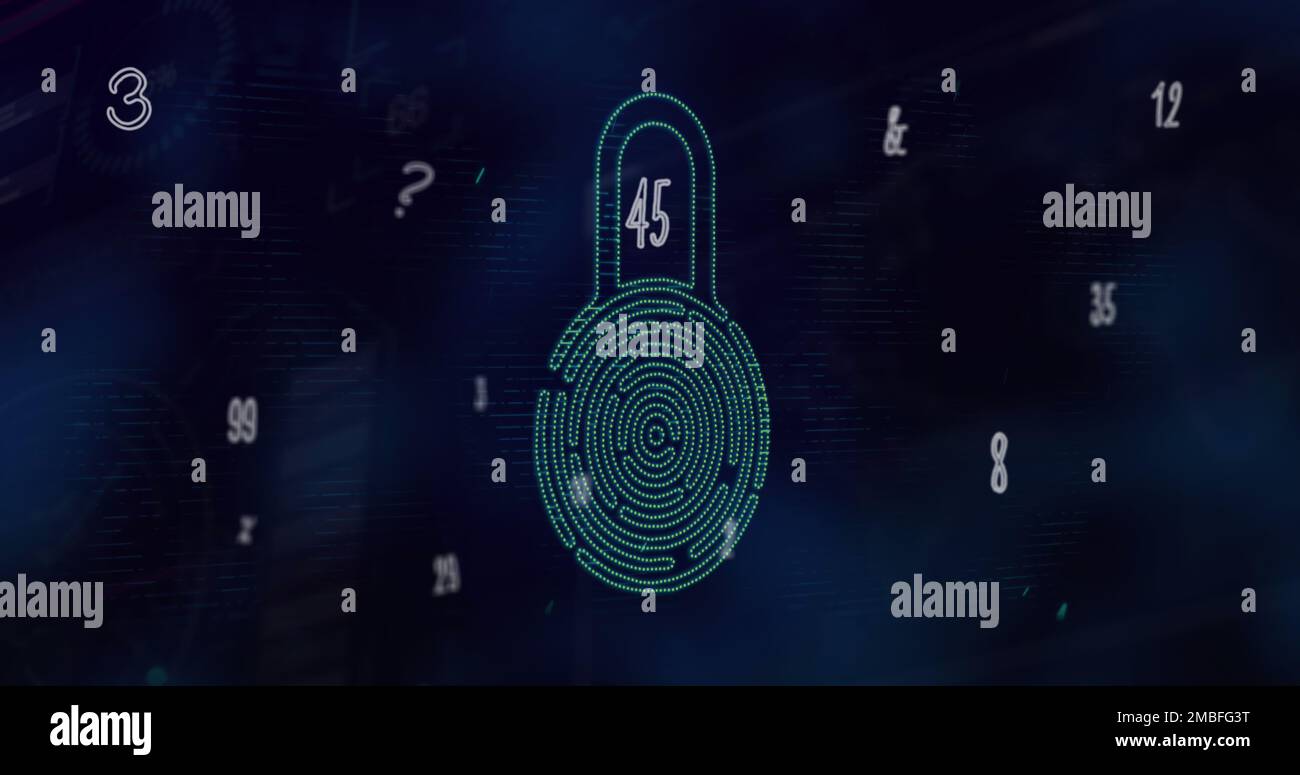 Composition of padlock icon with numbers and letters on black ...