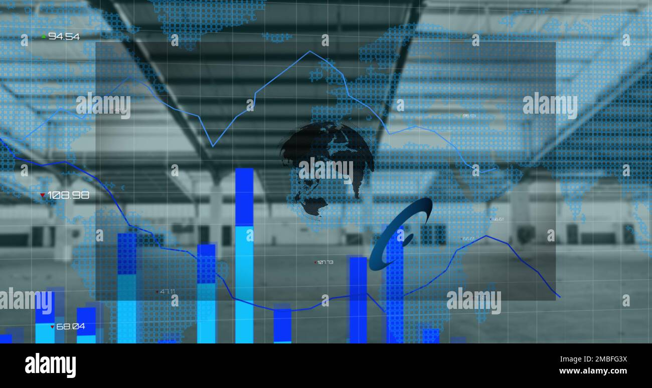 Composition of shapes with globe and data processing over world map and empty room Stock Photo ...