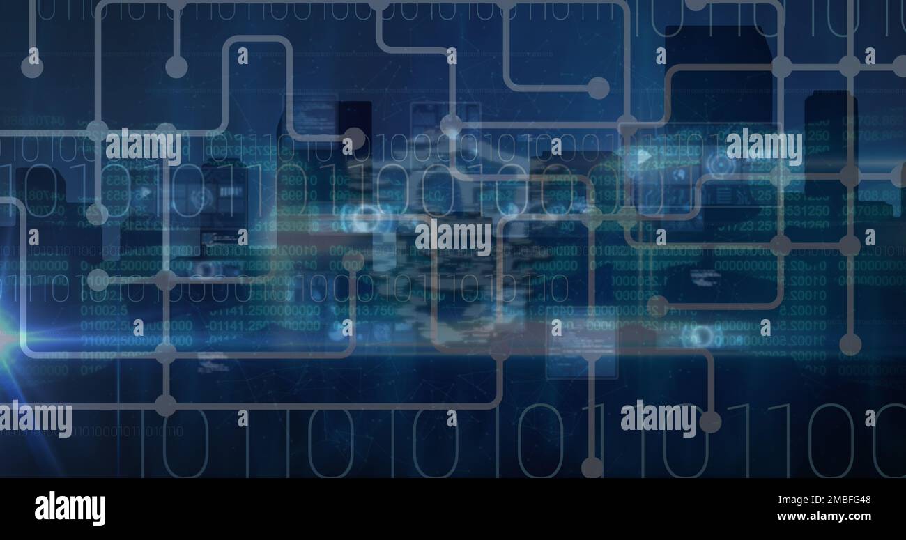 Composition of light spots with network of connections over cityscape ...