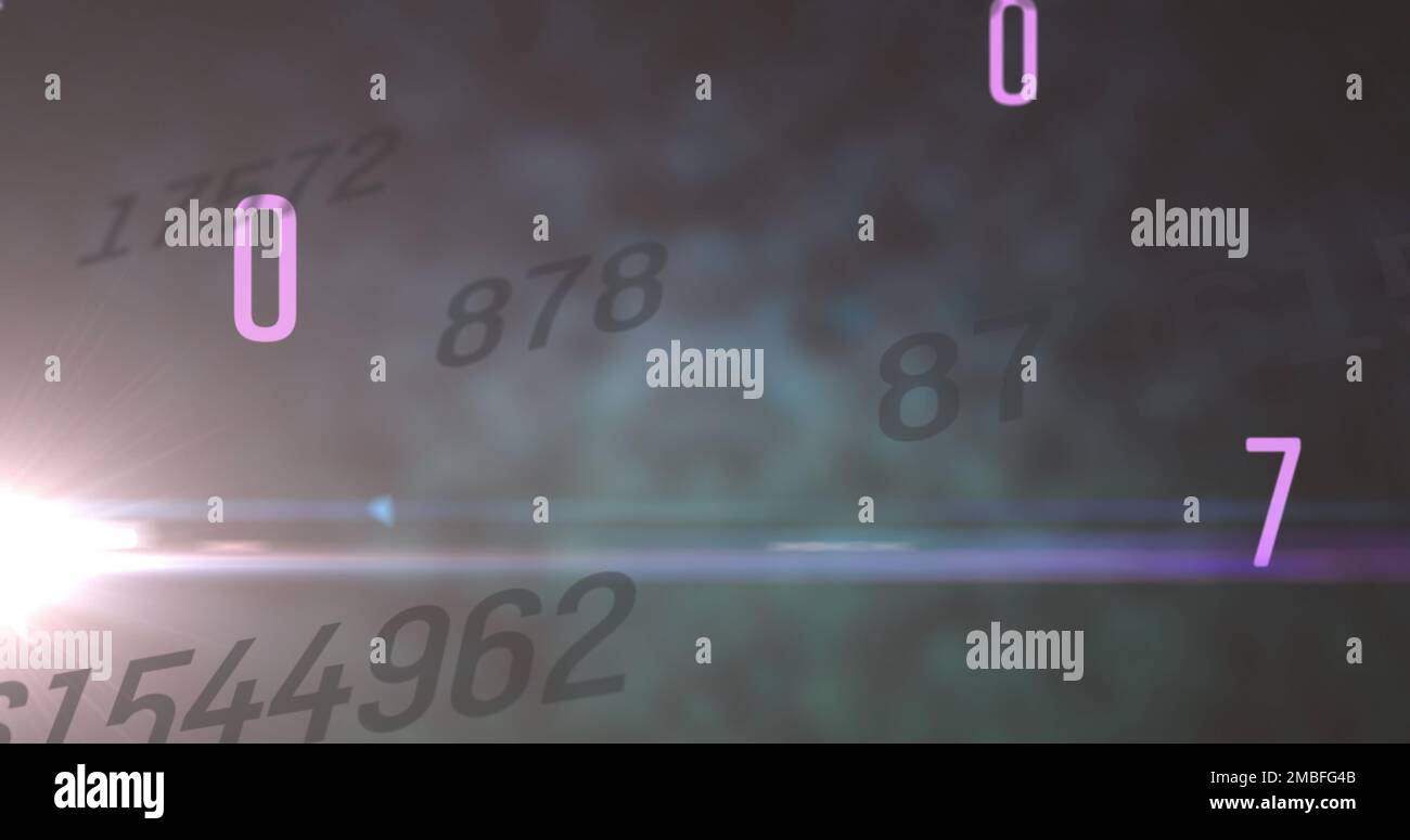 Composition of light spots with numbers on blurred dark background ...