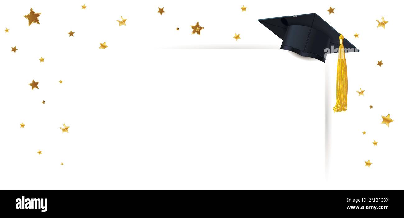 graduate cap and diploma with confetti of gold stars on a white ...