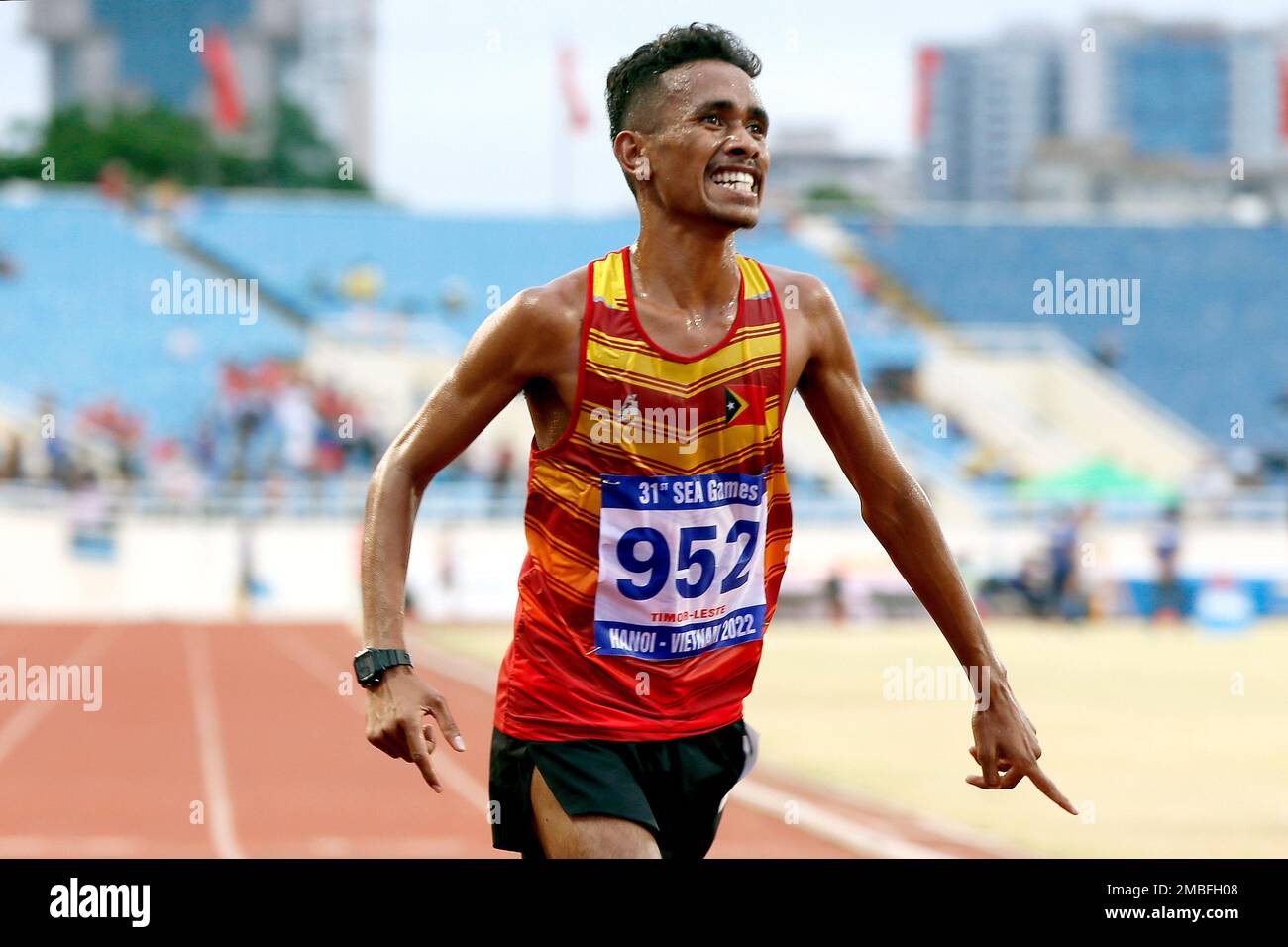 Silver medalist Felisberto De Deus of Timor Leste celebrates after the ...
