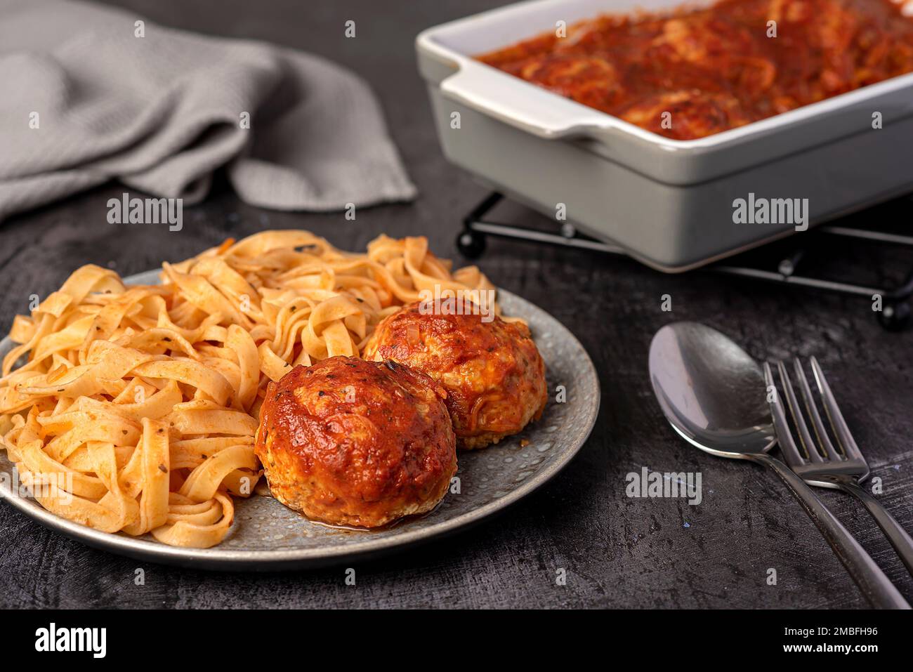 Food photography of meatball, tagliatelle; pasta, minced, beef, chicken ...