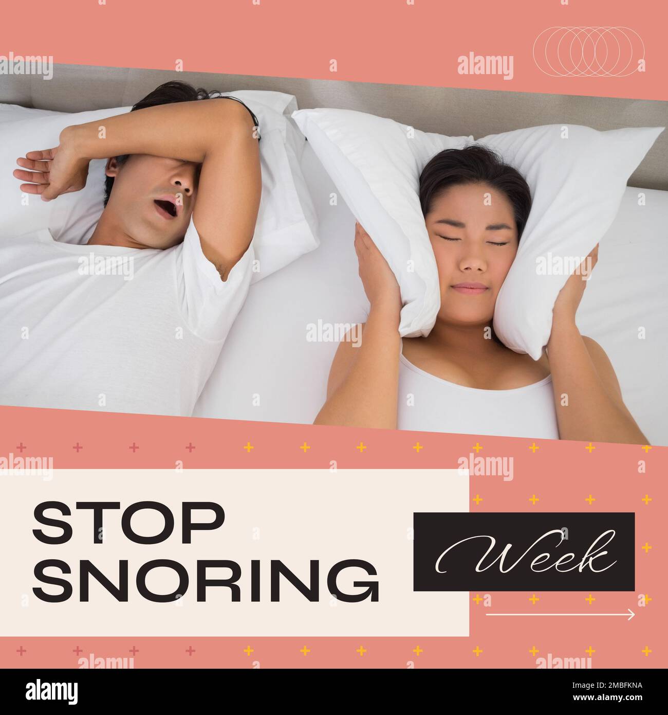 Composition of stop snoring week text and couple in bed with man ...