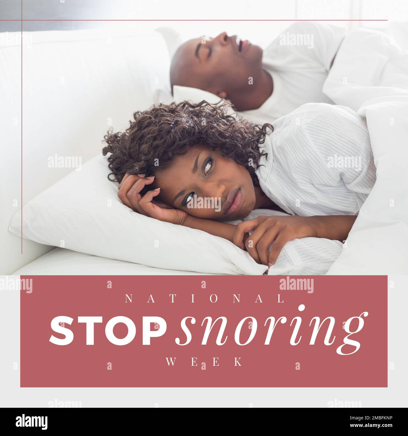 Composition of national stop snoring week text and couple in bed with ...