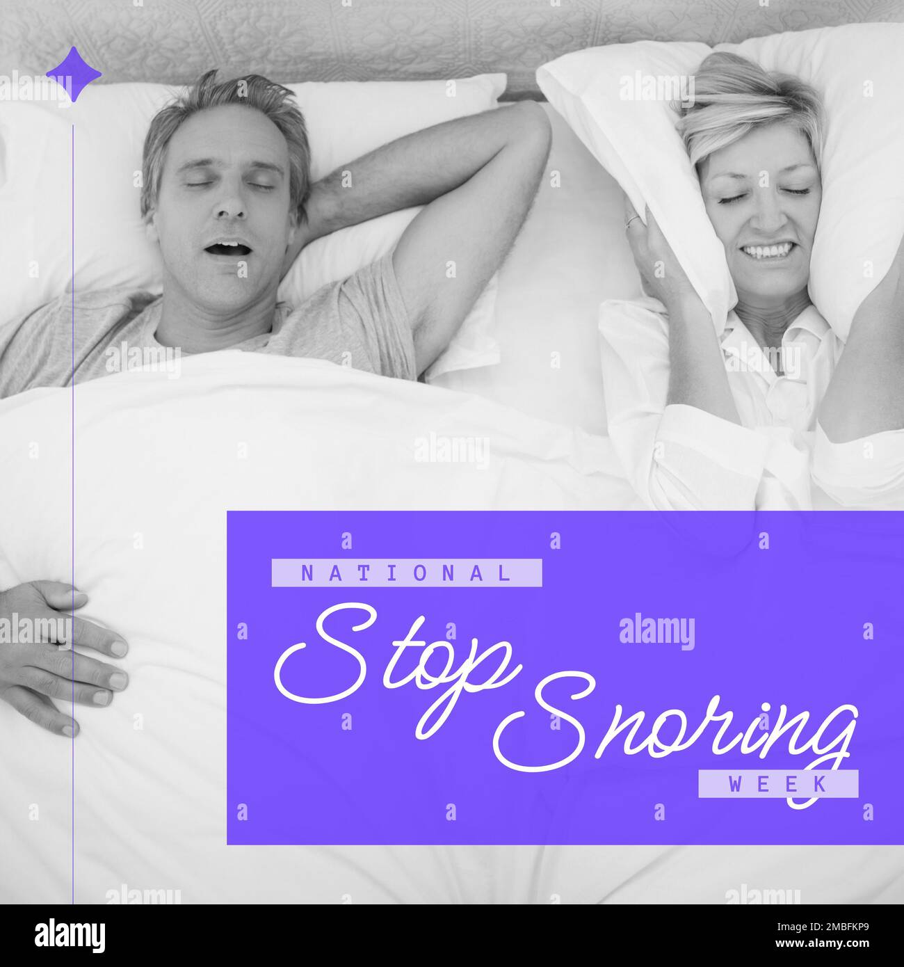 Composition of national stop snoring week text and couple in bed with ...