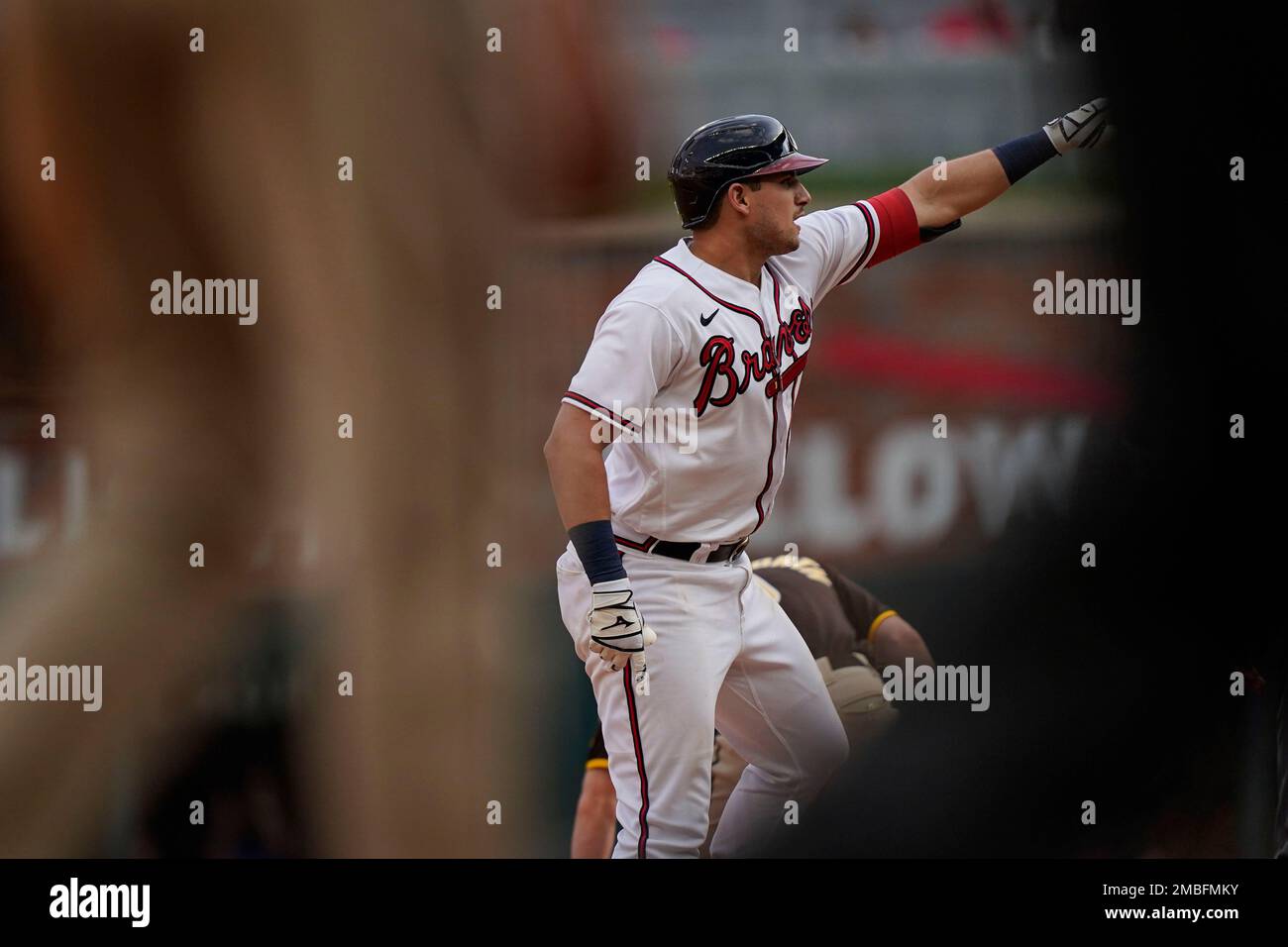 Atlanta Braves' Austin Riley (27) celebrates after hitting a double in ...