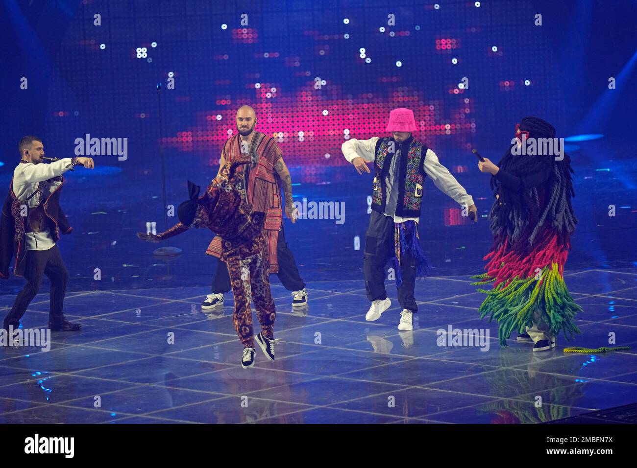 Kalush Orchestra from Ukraine singing Stefania performs during the ...