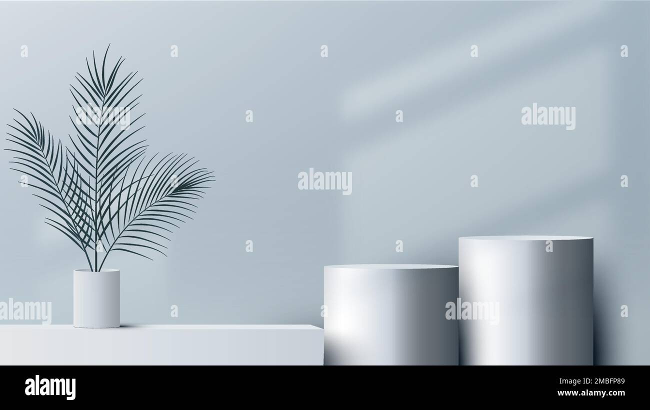 3D realistic white podium platform pedestal stand decoration with vase ...