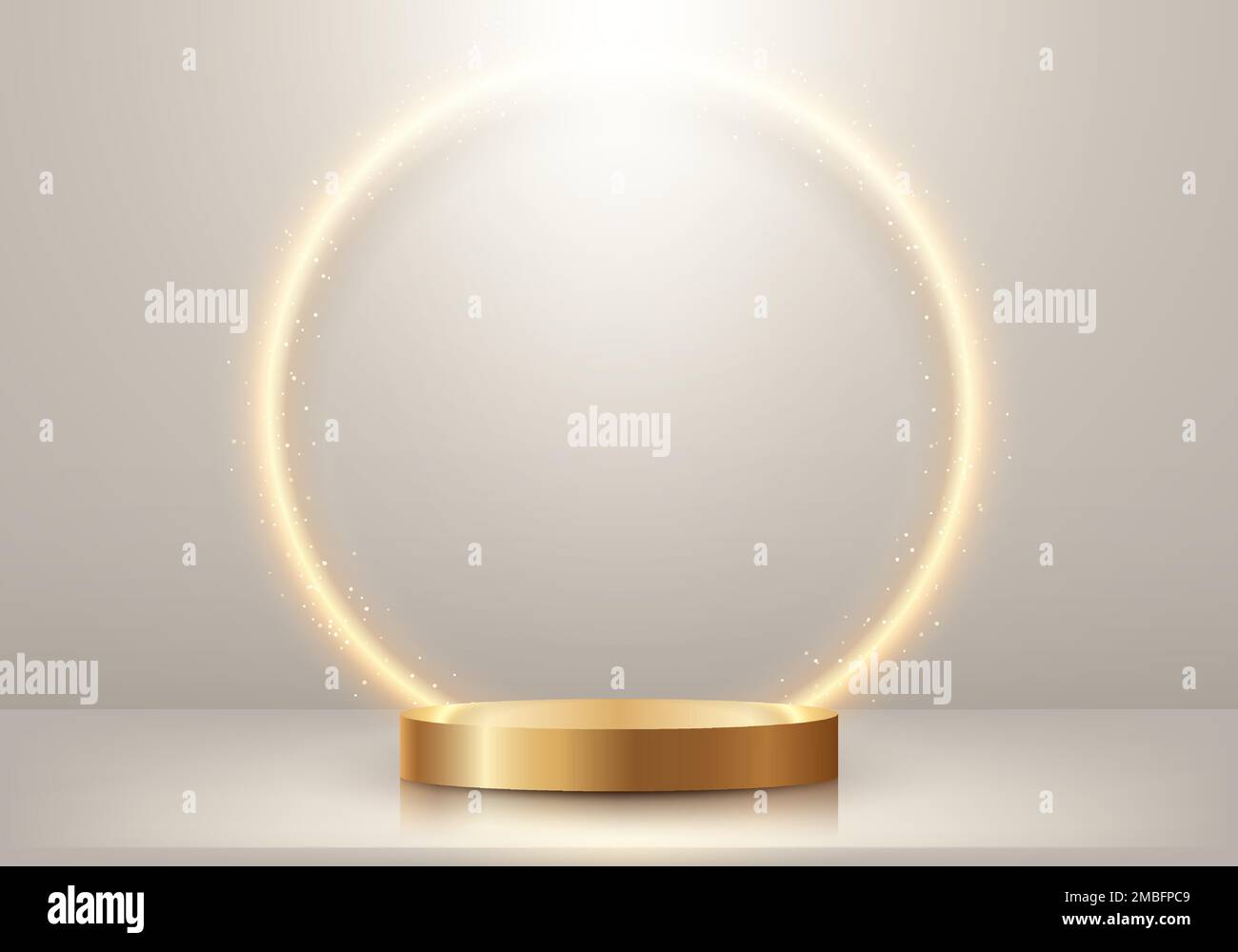 3D realistic empty gold podium stand with glowing golden circle ...